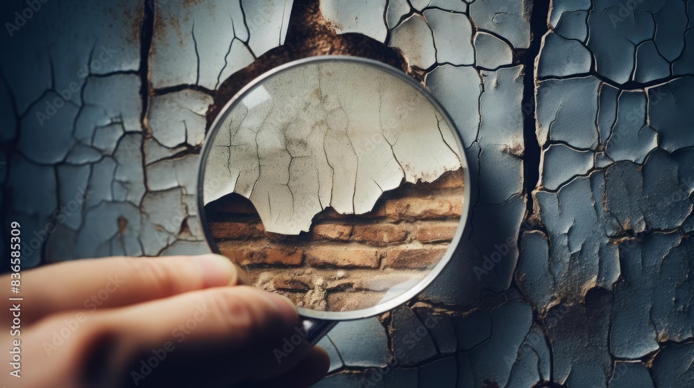 A detailed image of a person holding a magnifying glass over a wall ...