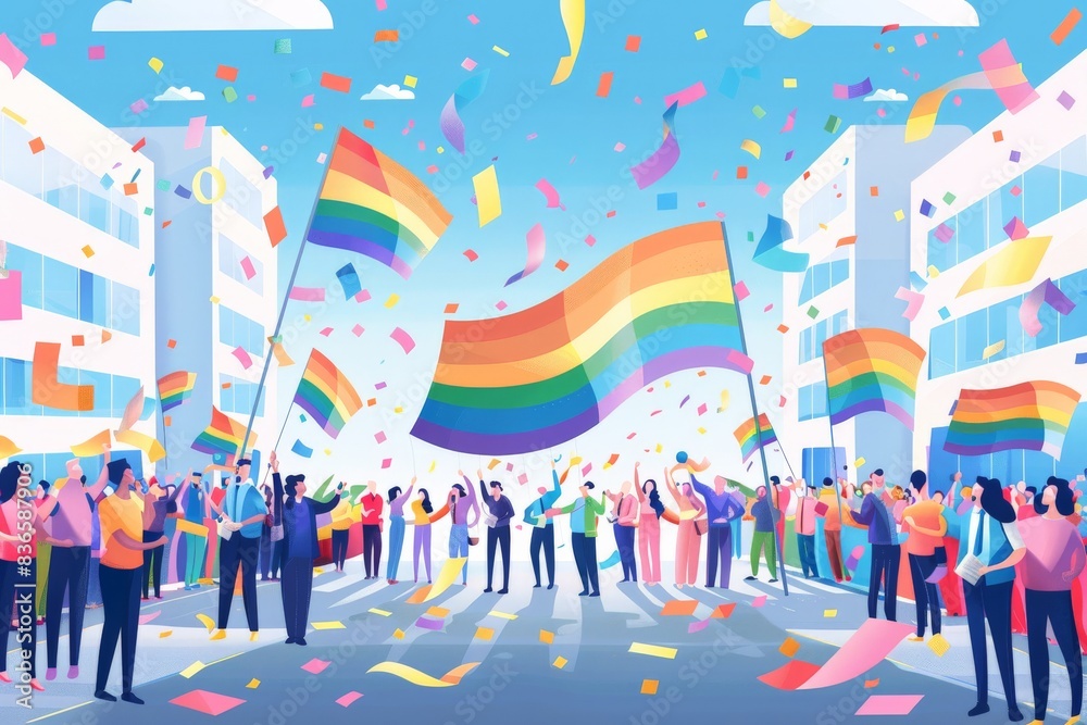 Simplified vector scene of a corporate Pride event, featuring LGBTQ+ ...