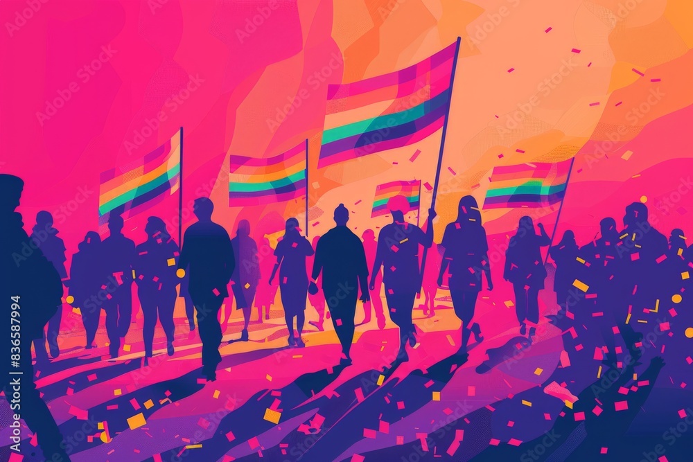 Minimalist vector artwork of a Pride parade with participants ...
