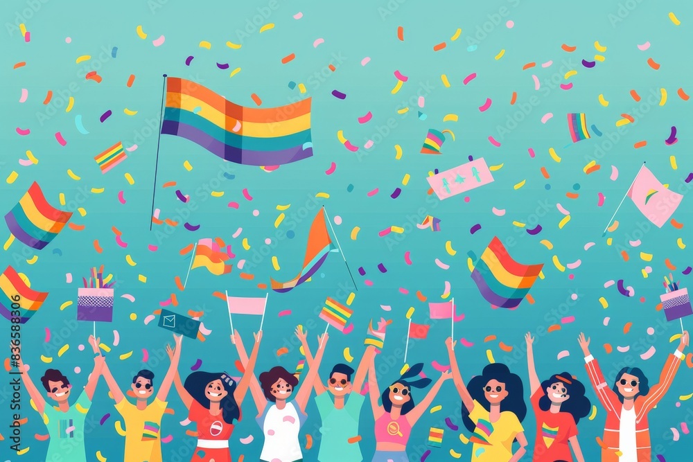 Simplified vector artwork of a corporate Pride event, featuring LGBTQ+ ...