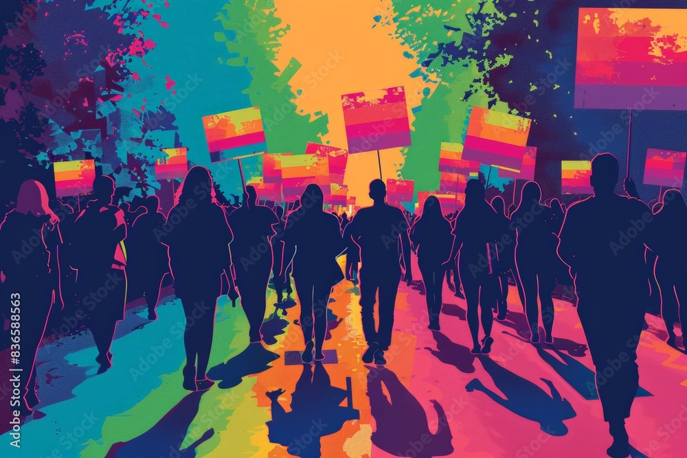 Simplified vector scene of a Pride march with participants holding ...