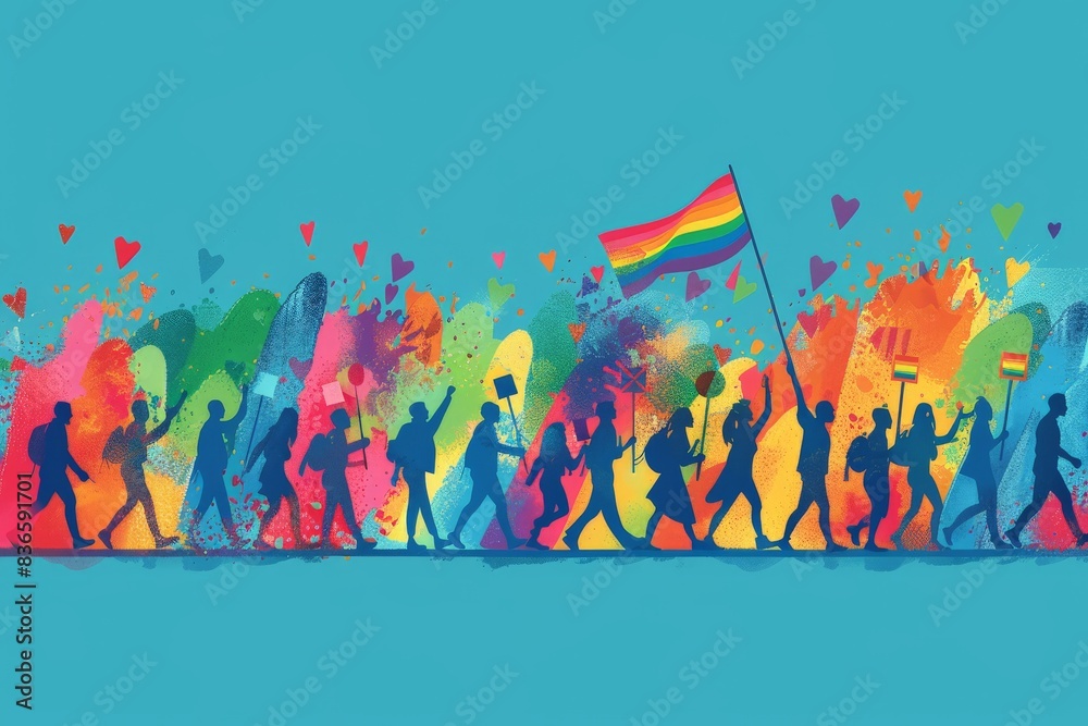 Simplified vector depiction of a Pride parade with diverse LGBTQ+ ...