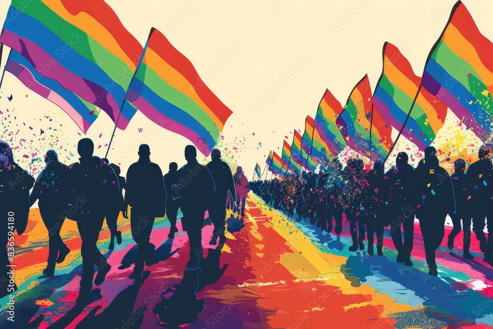 Simplified vector artwork of a Pride march with participants holding ...