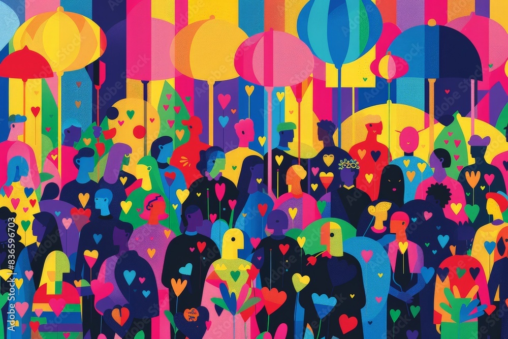 Simplified vector depiction of a Pride parade with diverse LGBTQ+ ...