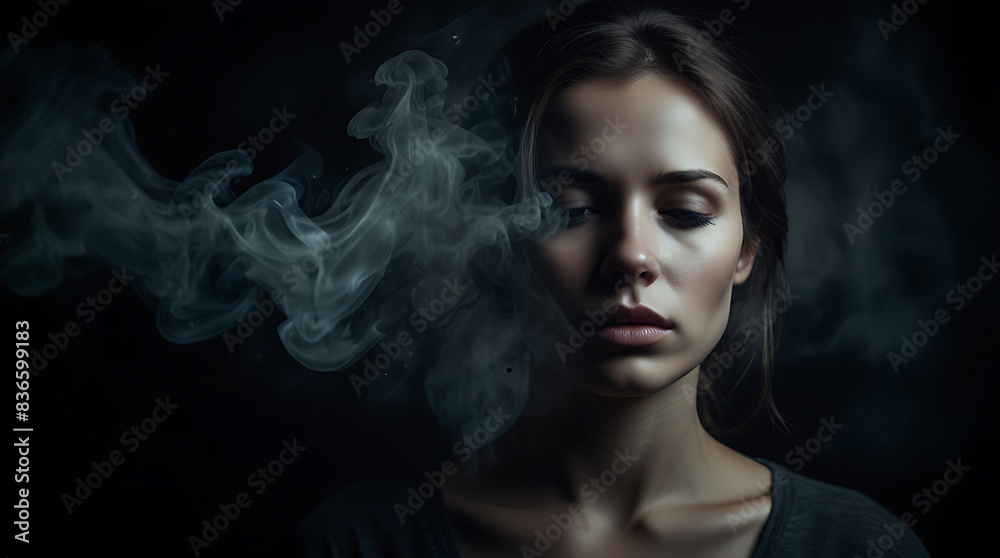 Dark abstract style image, woman's face turning into smoke by sad ...
