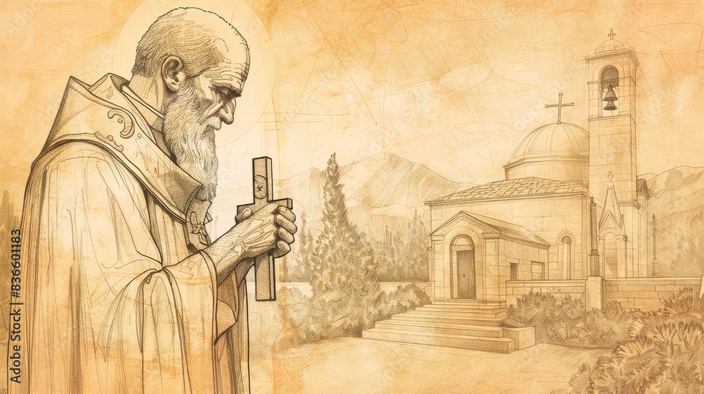 Biblical Illustration of Saint Methodius in deep prayer, holding a ...