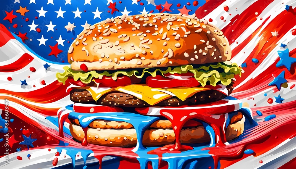 classic american cheeseburger with patriotic flag Celebrating ...