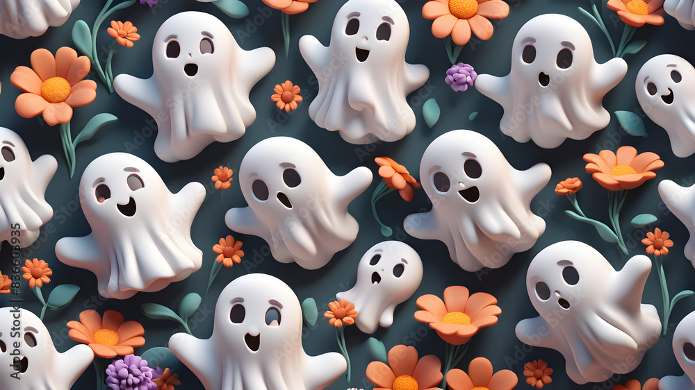 3d effect of cute clay ghosts and flowers in an overall pattern ...