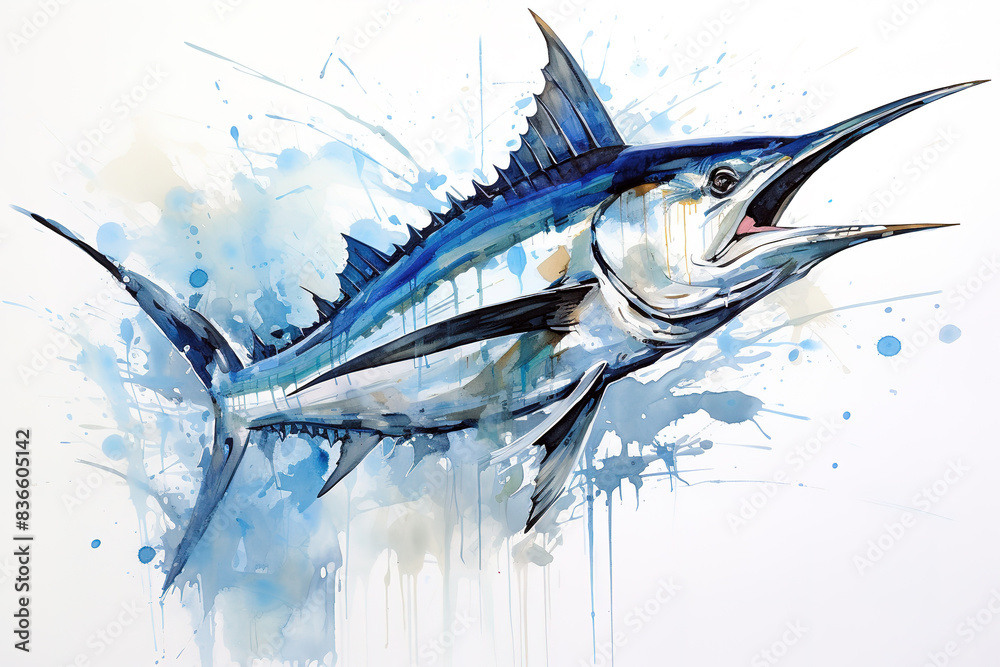 Painting of swordfish swimming on white background. a illustration ...