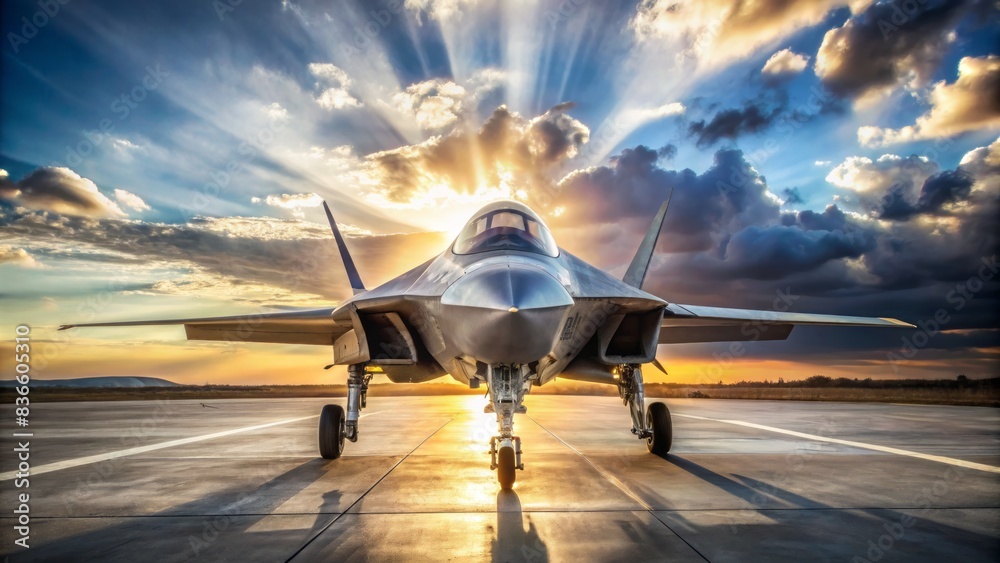 A sleek, silver, fifth-generation fighter jet stands alone on the ...