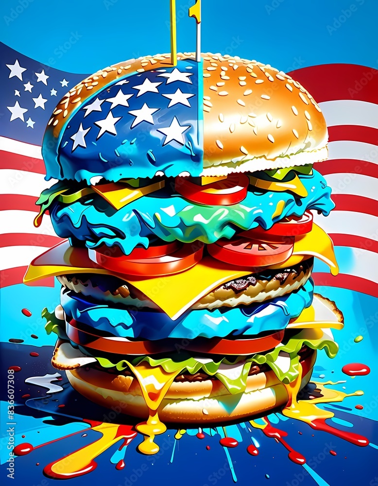 classic american cheeseburger with patriotic flag Celebrating ...