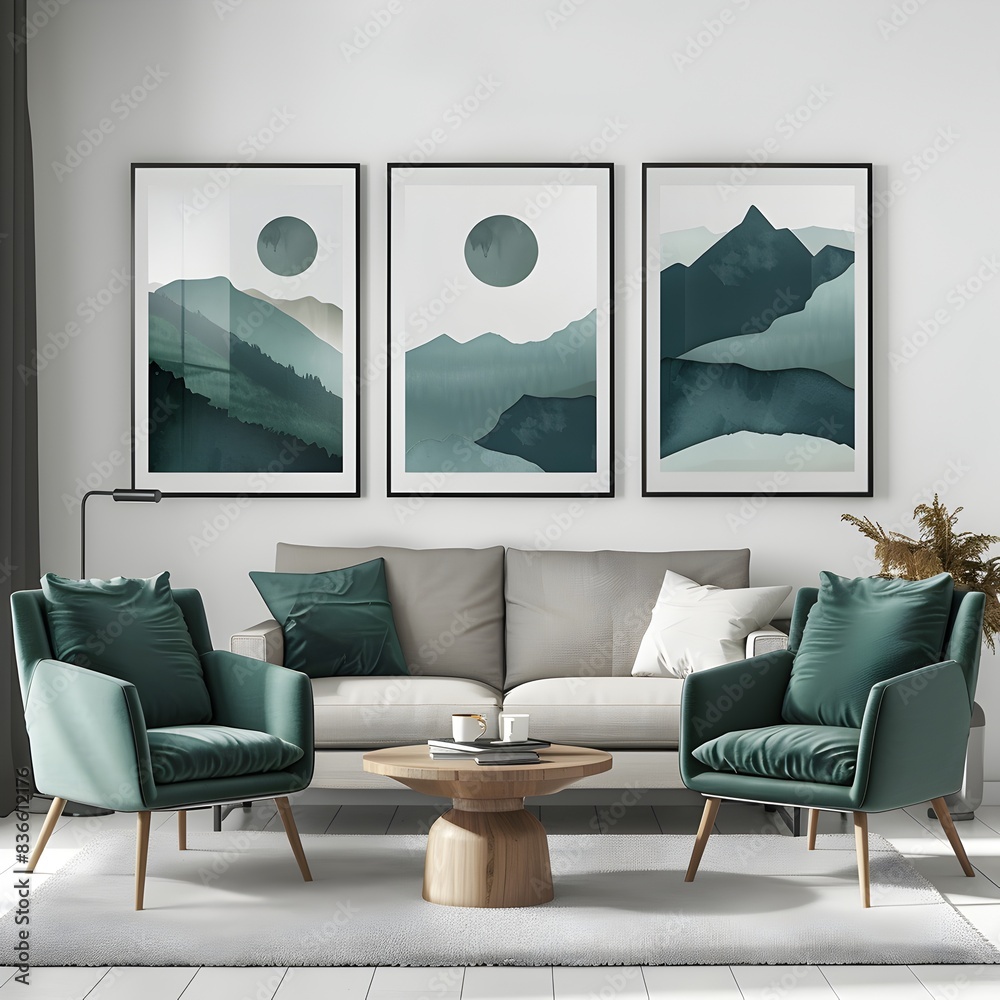 A modern living room with three frames on the wall, each frame is in ...