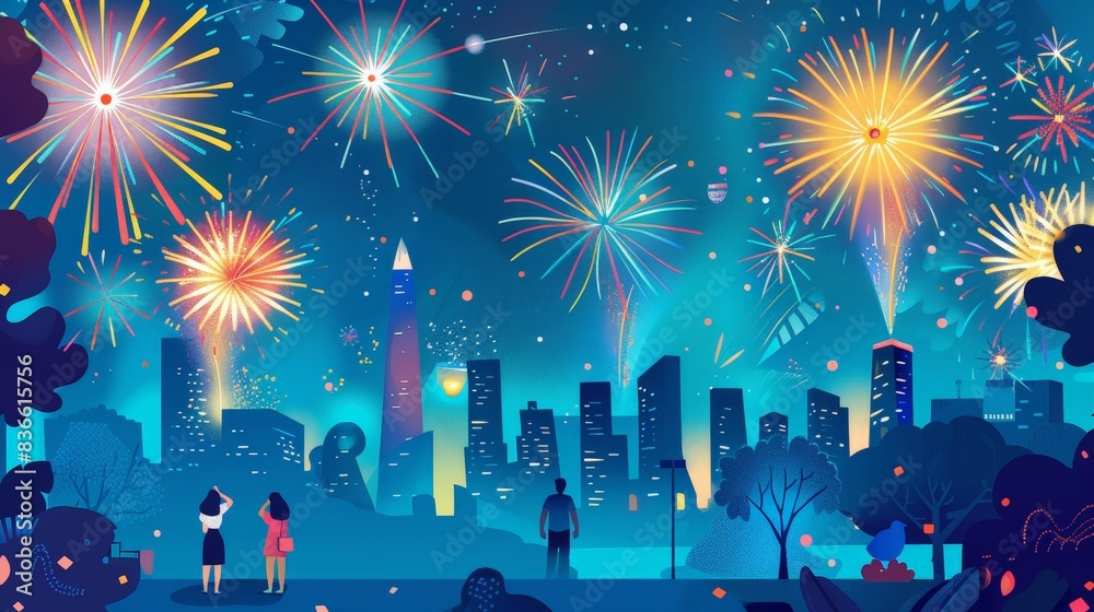 An illustration in 2D flat style depicting a Fourth of July fireworks ...