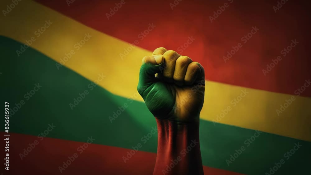 Close-up of hand fist symbol pose with fluttering juneteenth flag on ...
