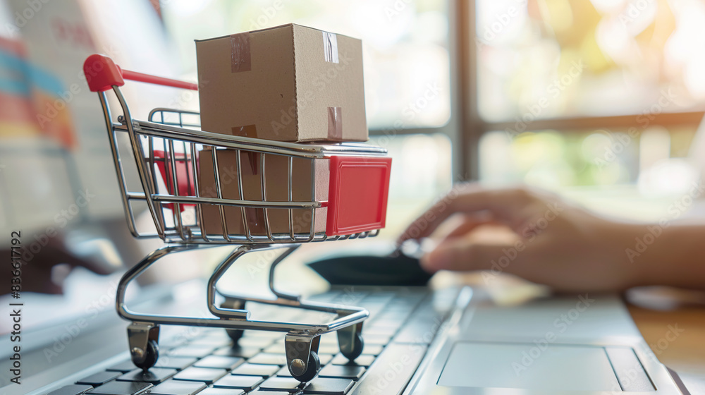 Digital online shopping concept, miniature cart with boxes on laptop ...