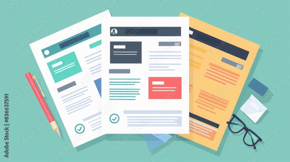 Vector illustration of multiple resumes on a desk, with glasses and a ...