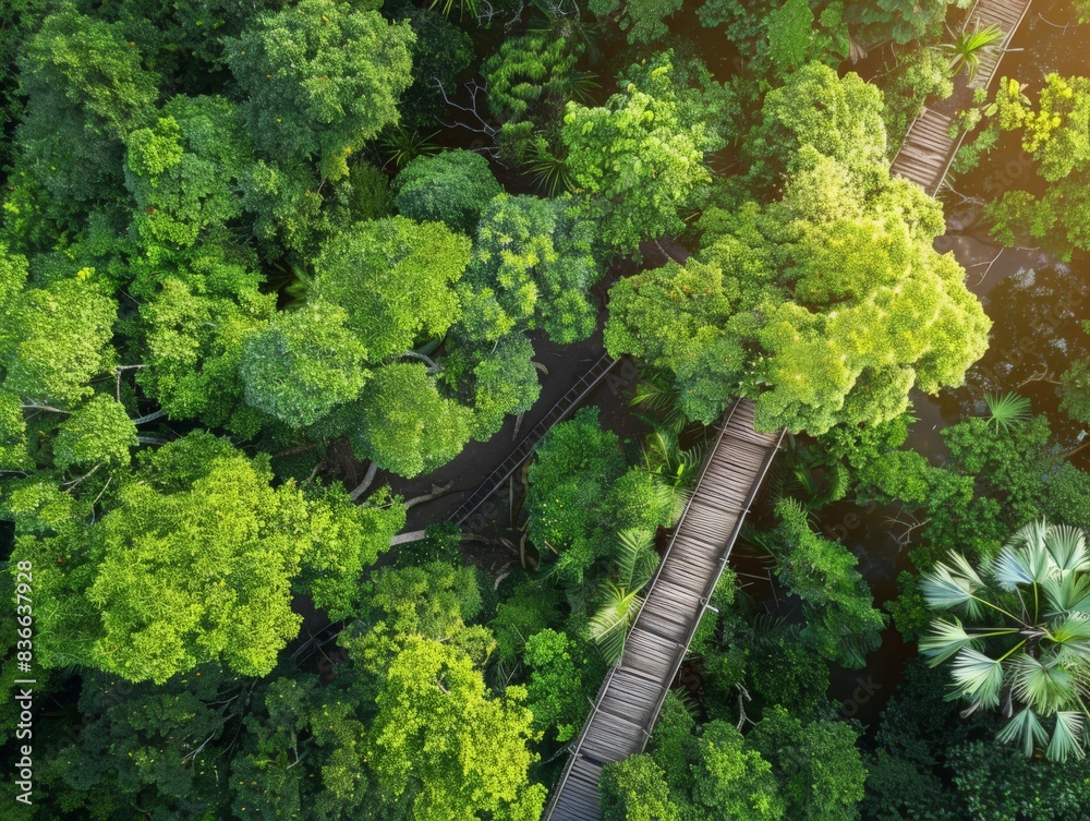 Jungle treetop view from a canopy walkway, offering a panoramic ...