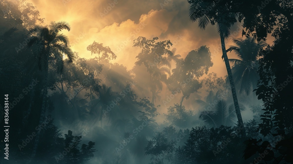 Misty jungle morning with fog rolling through the trees, creating an ...