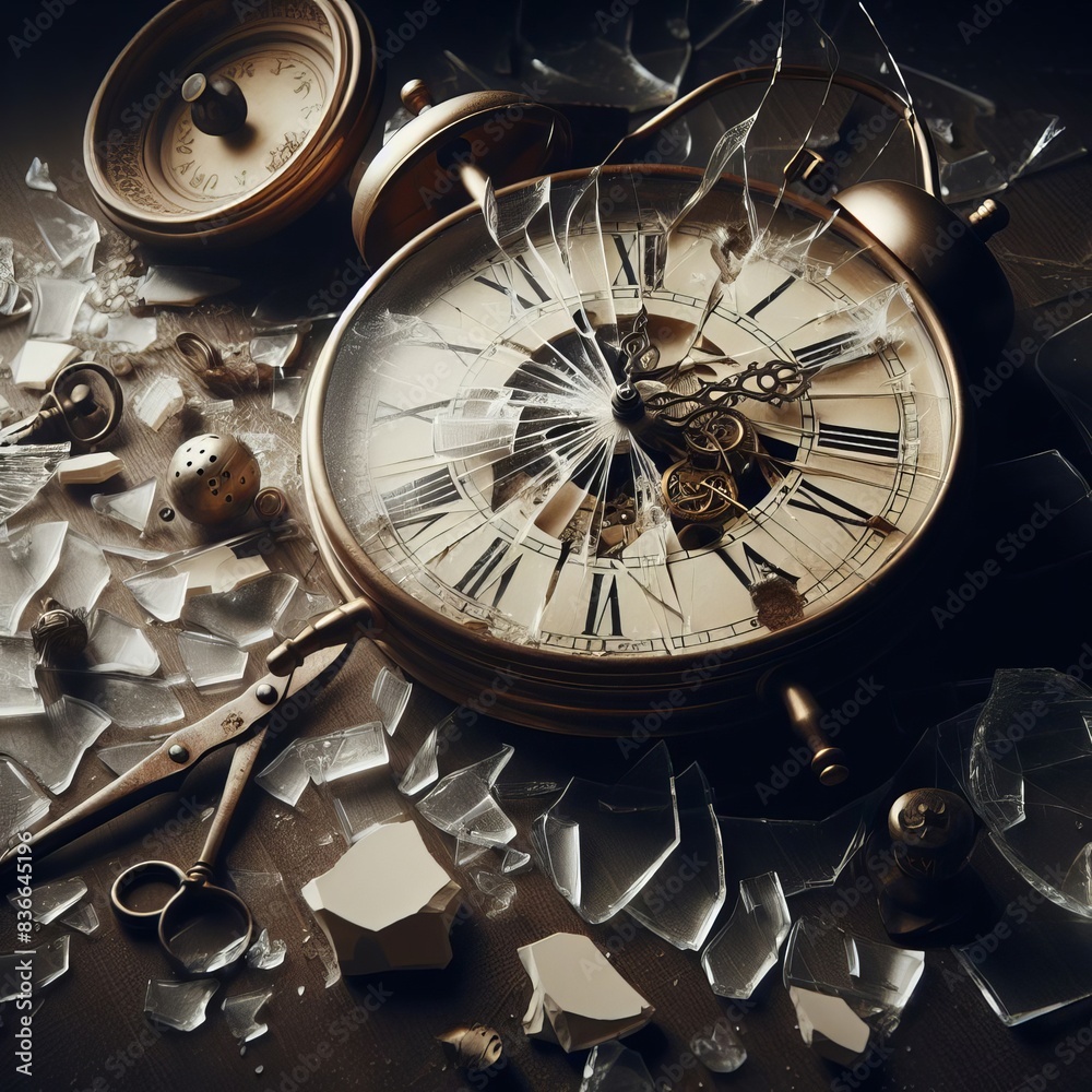 A vintage clock with shattered glass, surrounded by scattered gears and ...
