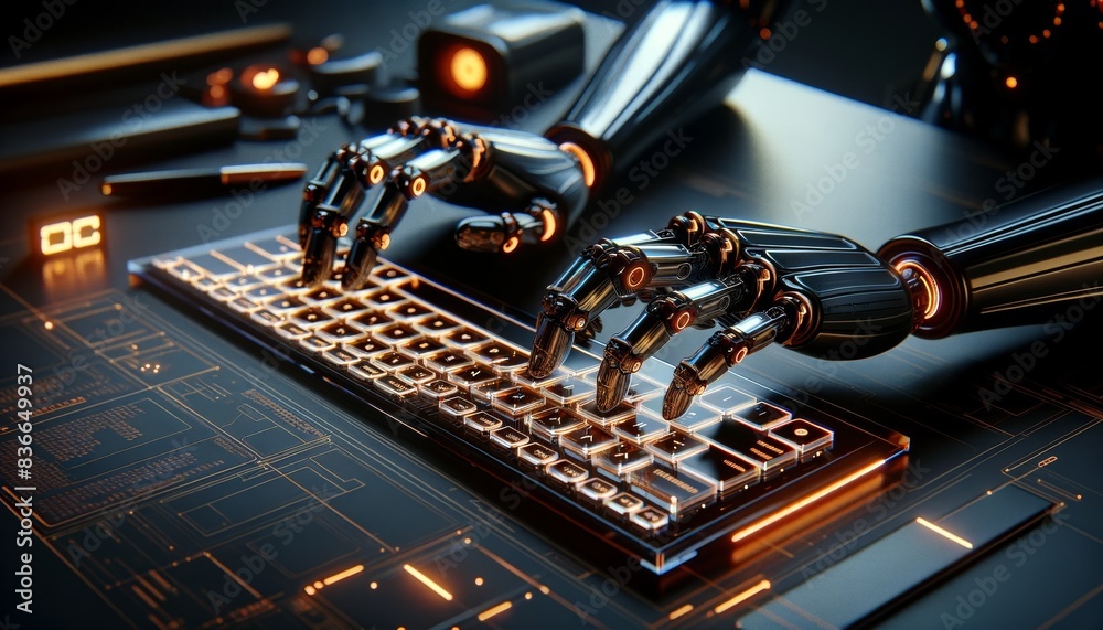 AI using keyboard, future, futuristic illustration of robot typing on ...