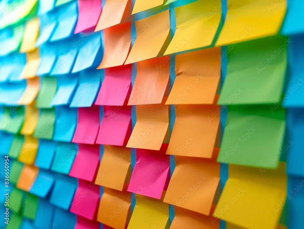 A close-up of colorful sticky notes with handwritten reminders attached ...