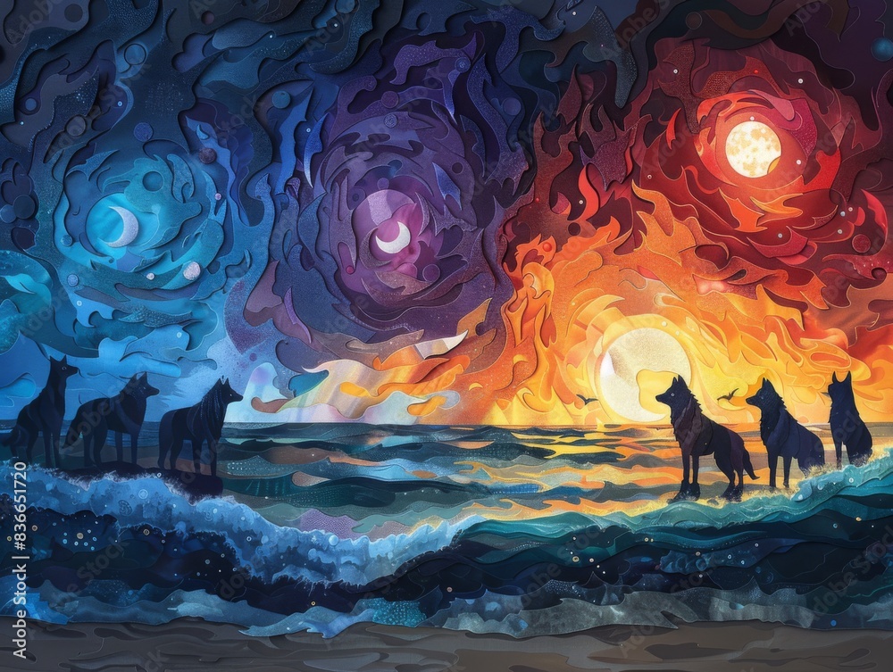 A beach scene at twilight with waves creating silhouettes of mystical ...