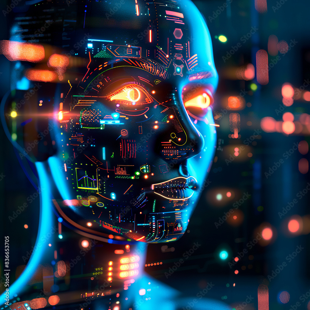 Vibrant human robot AI with intricate futuristic digital networks and pulsating energy spheres ...