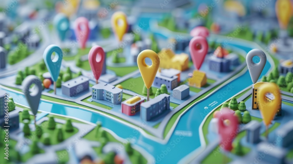 Event Planning: A 3D vector illustration of a detailed map with pins ...