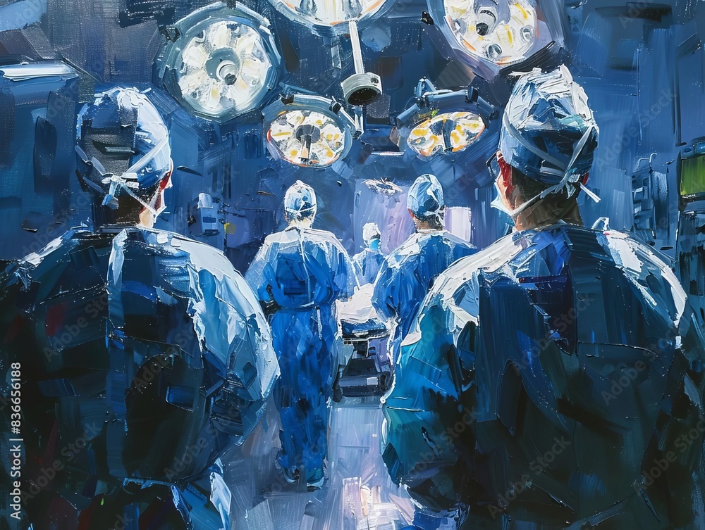 Illustrate a group of surgeons from behind, clad in scrubs and masks ...