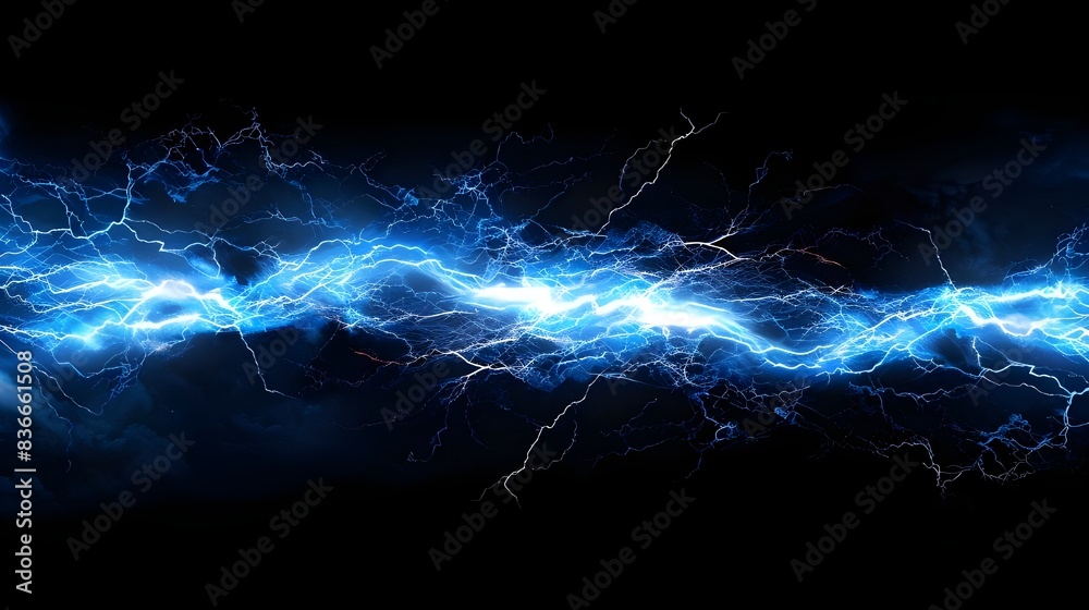 Lightning, a blue electric thunderbolt hit during a night storm, a ...