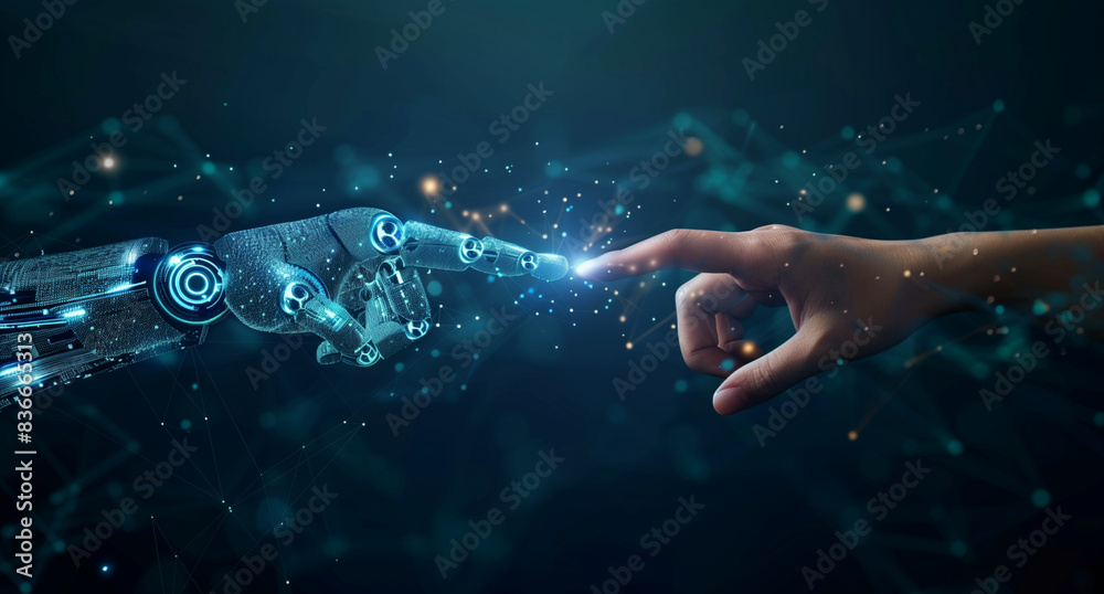 AI, robots, and human hands are connected in a global network ...