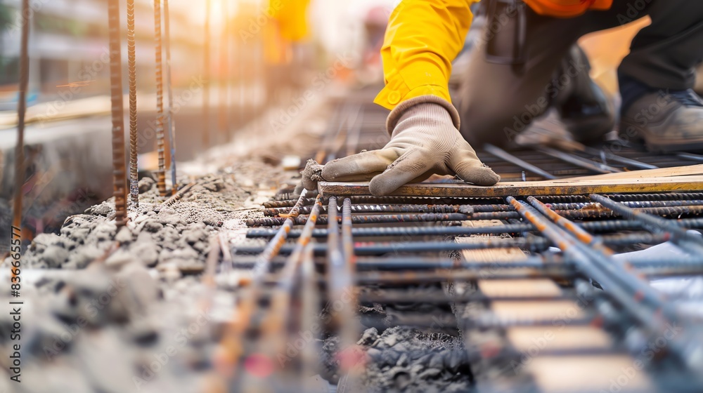 Construction worker aligning steel bars and rebar for a concrete ...