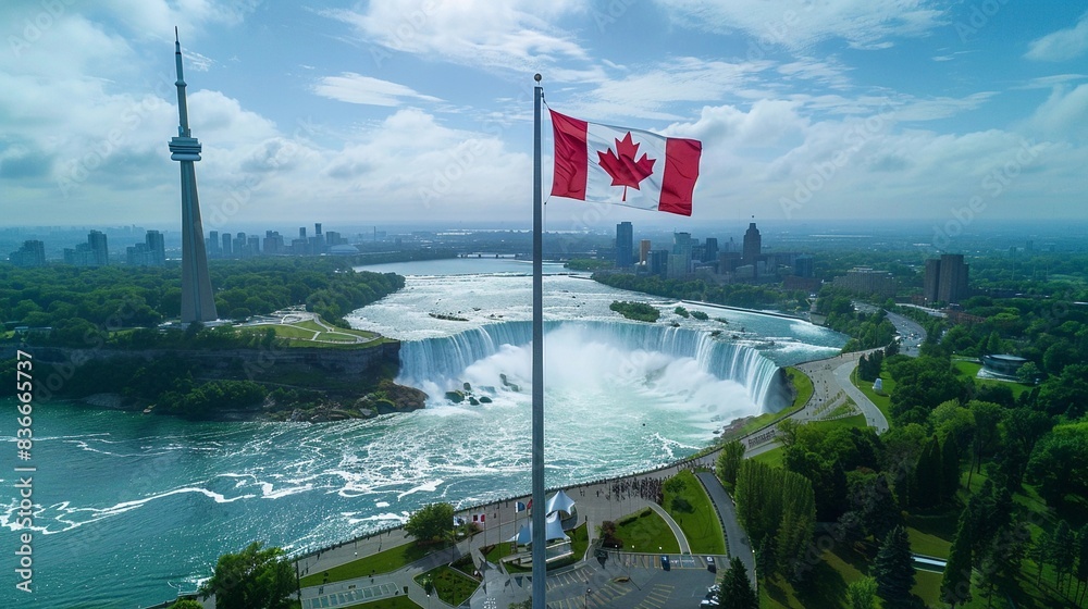 The Canadian flag flying proudly over an iconic Canadian landmark Stock ...