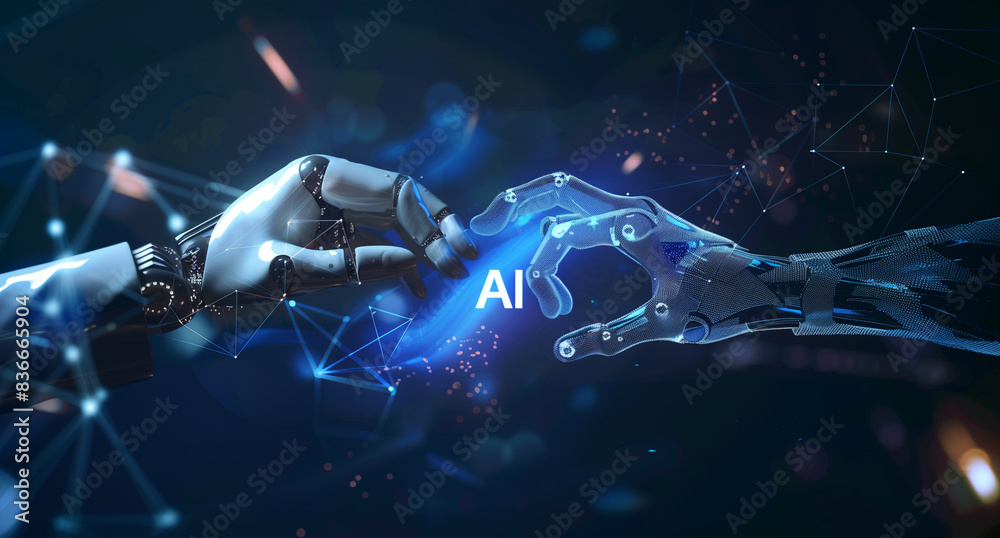 AI, robots, and human hands are connected in a global network ...