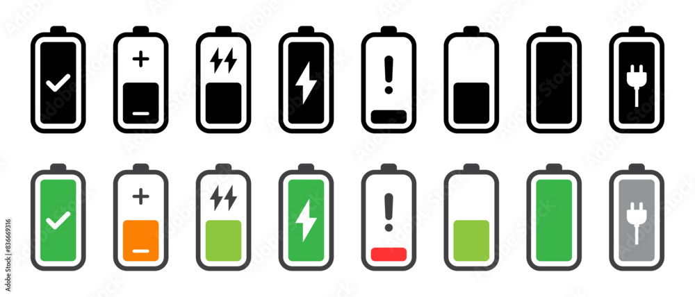 Battery fast charging features and issues icon set in black and ...