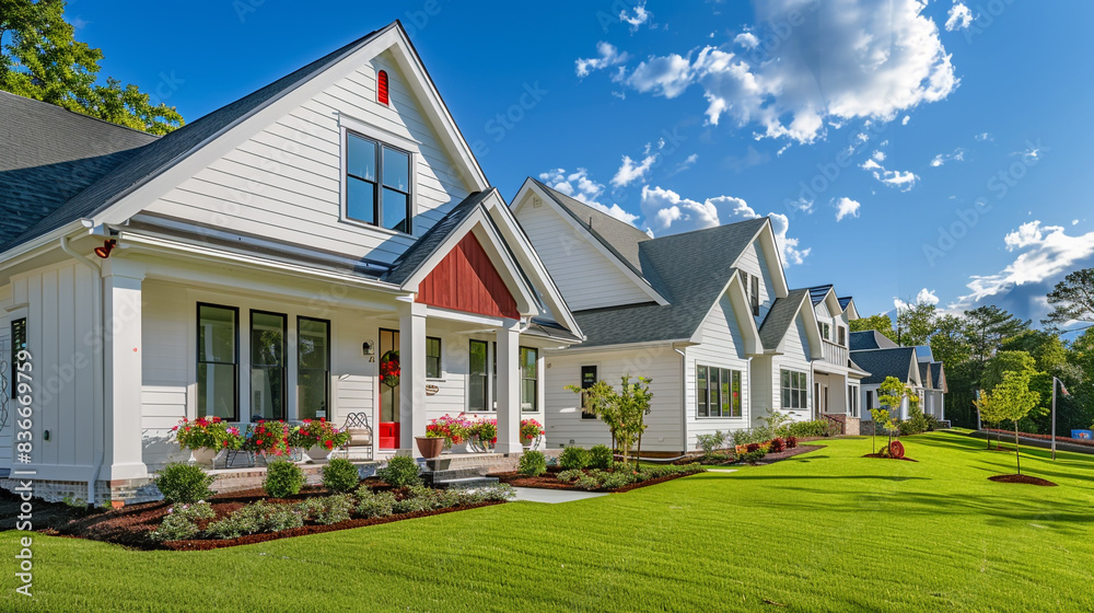 Corner view of a newly constructed craftsman style white house with red ...