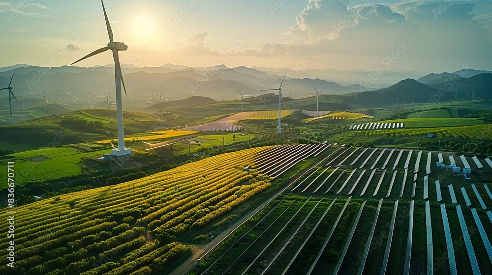 An aerial view of a solar and wind hybrid power station, combining ...