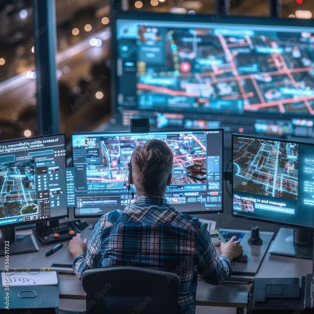 An urban planner at a workstation, surrounded by multiple screens ...