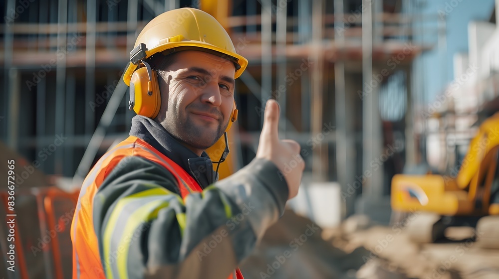 Middle Eastern worker wearing safety hardhat and hearing protection at ...