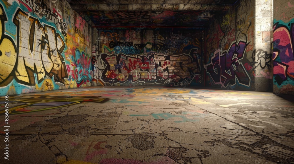 artistic wall and floor background with graffiti art walls and concrete floors. Stock ...