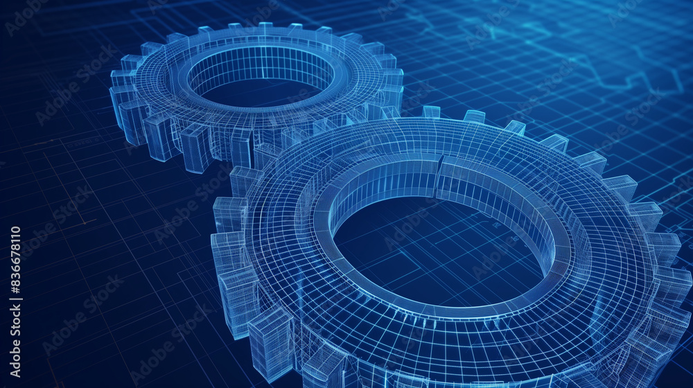 Vector wireframe illustration of a gear on a dark blue background ...
