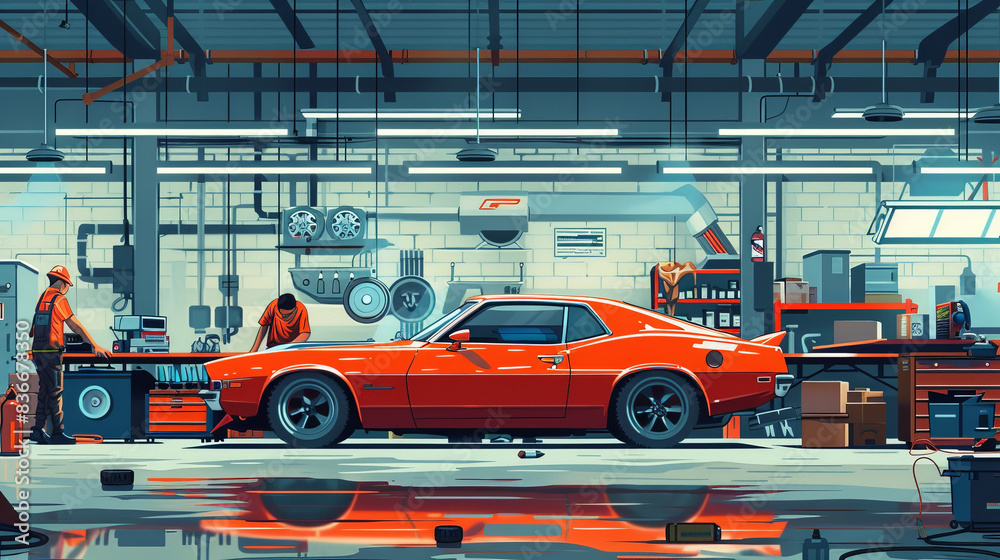 Vector depiction of a car customization workshop, where mechanics ...