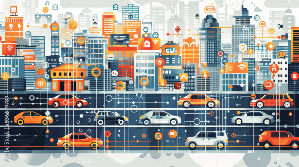 Vector illustration of a smart mobility solution, depicting a network ...