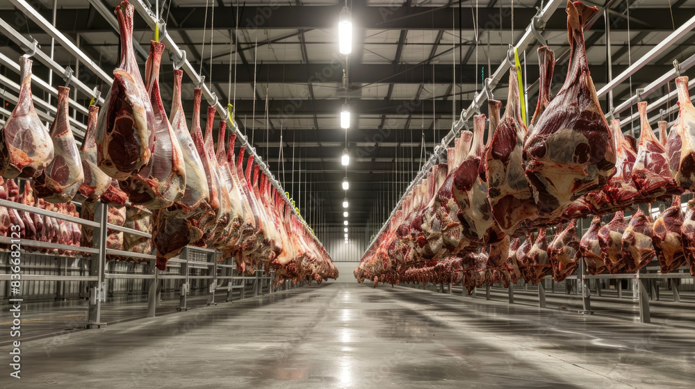 Meat industry, meats hanging in the cold store. Cattles cut and hanged ...