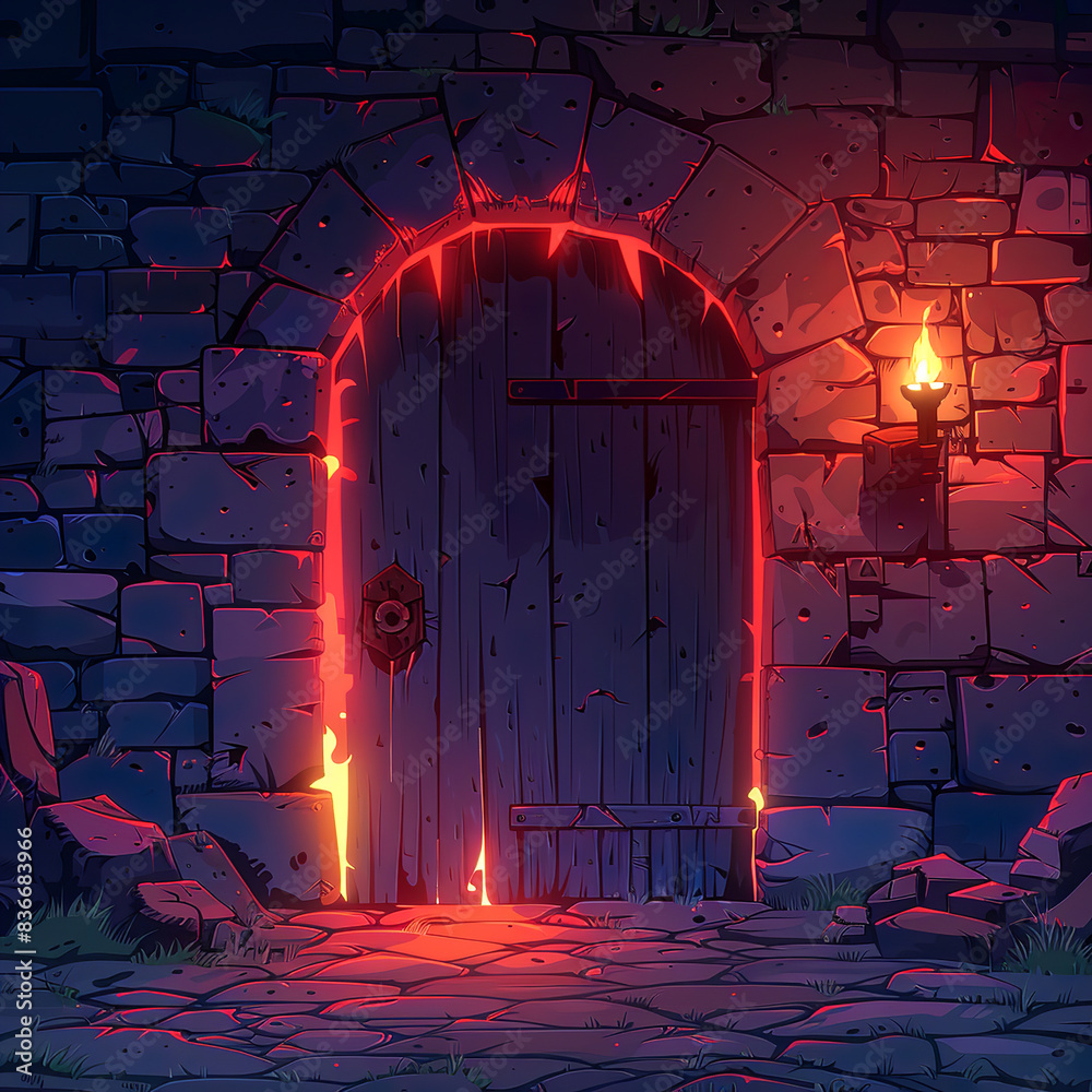 Castle dungeon with old wooden door. illustration of medieval building ...