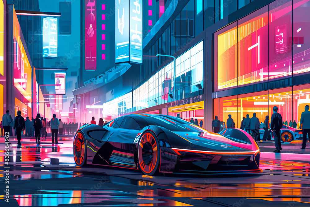 Vector style illustration of a futuristic auto show with innovative ...