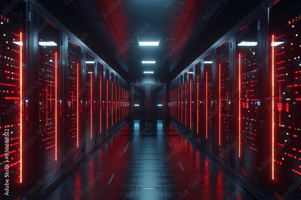 Hightech server room Expansive shot of a working data center with rows of computers and flashing ...