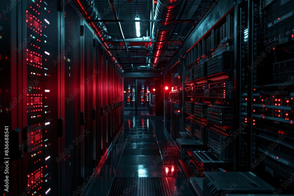 Hightech server room Expansive shot of a working data center with rows of computers and flashing ...