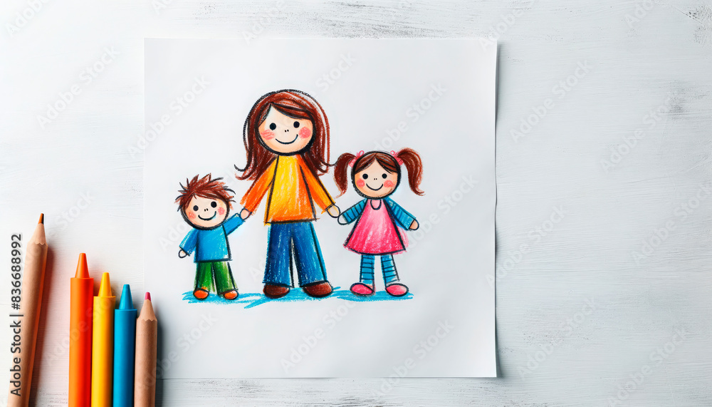 Colorful crayon drawing of a happy family on white paper. Concept ...
