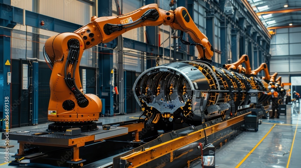 Autonomous robots assembling an advanced submarine in a hightech dock ...